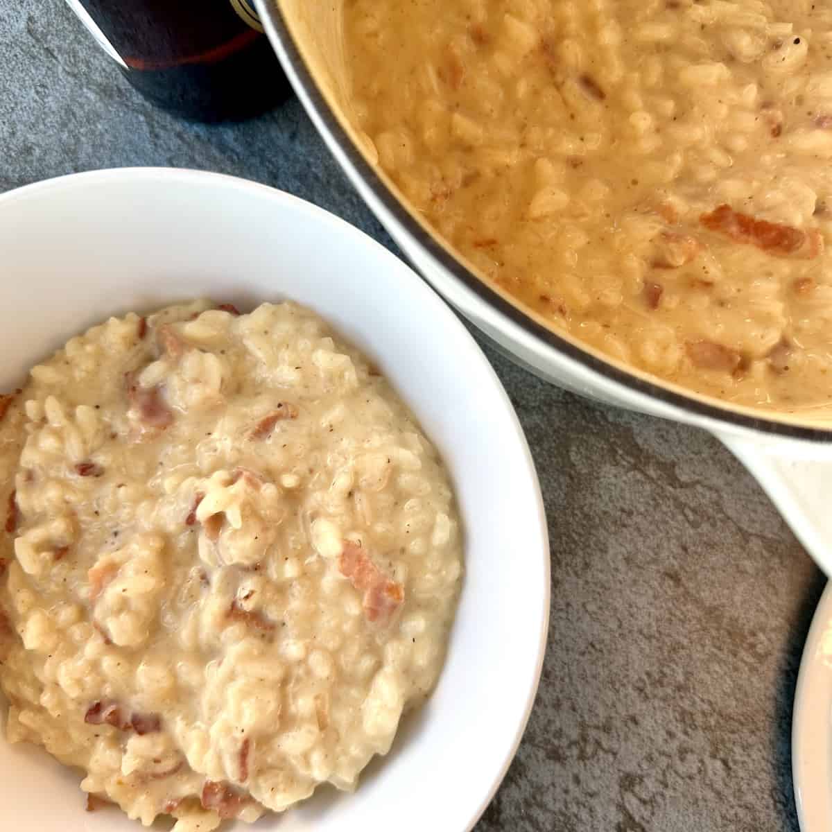 Delicious Beer and Cheddar Risotto Recipe with Bacon • Fancy Apron